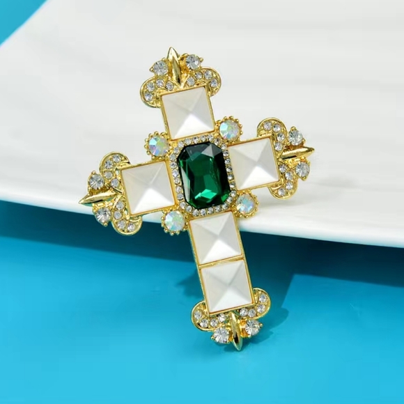 Jewelry | New Green Gem Cross Brooch Pin | Poshmark